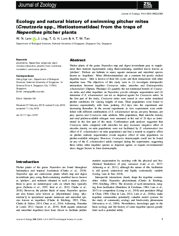 (PDF) Ecology and natural history of swimming pitcher mites ...