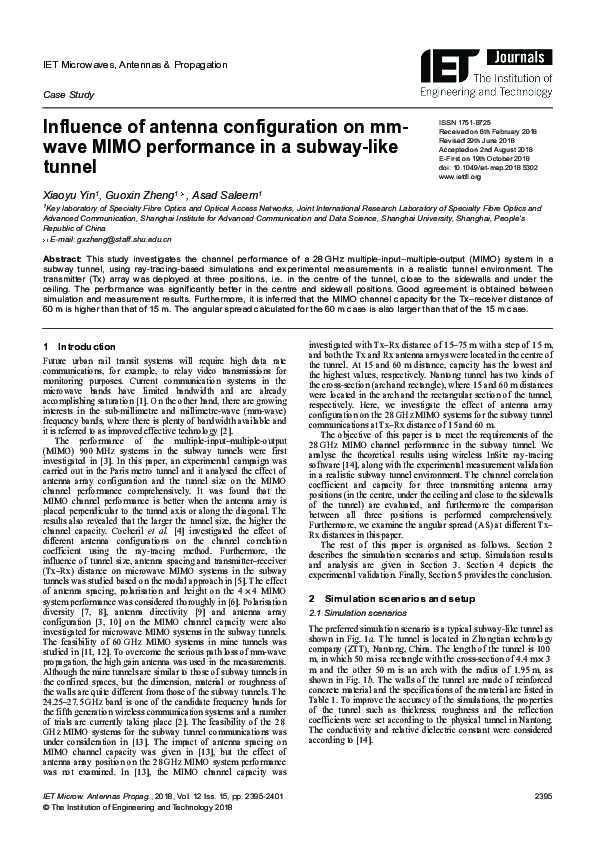 Pdf Influence Of Antenna Configuration On Mm Wave Mimo Performance In A Subway Like Tunnel