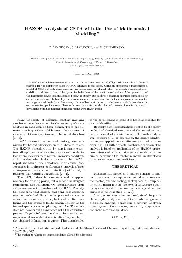 (PDF) HAZOP Analysis of CSTR with the Use of Mathematical Modelling