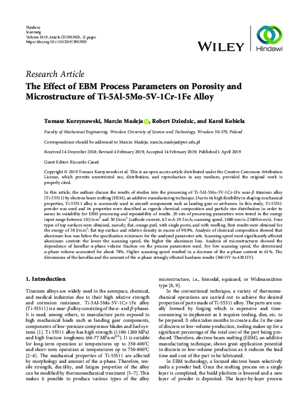 (PDF) The Effect of EBM Process Parameters on Porosity and Microstructure of Ti-5Al-5Mo-5V-1Cr ...