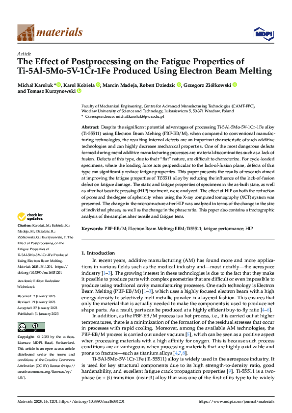 (PDF) The Effect of Postprocessing on the Fatigue Properties of Ti-5Al-5Mo-5V-1Cr-1Fe Produced ...