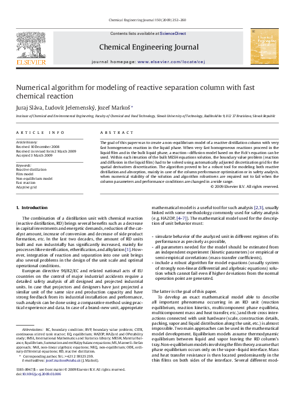 Pdf Numerical Algorithm For Modeling Of Reactive Separation Column