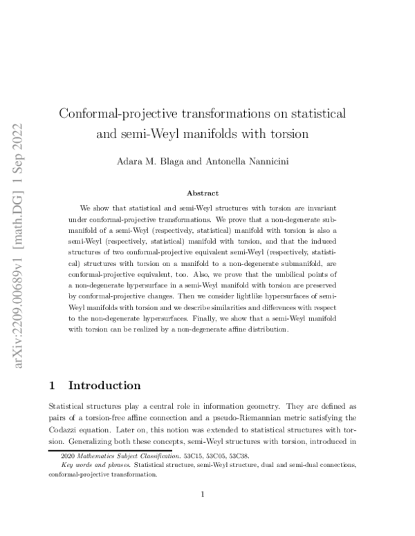 (PDF) Conformal-projective transformations on statistical and semi-Weyl manifolds with torsion