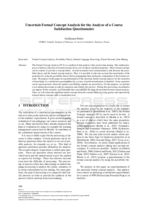 (PDF) Uncertain Formal Concept Analysis for the Analyze of a Course Satisfaction Questionnaire