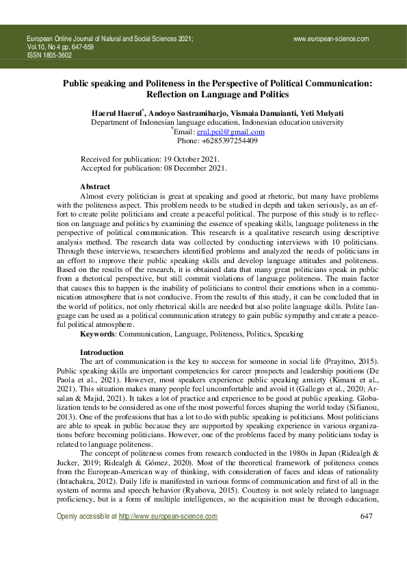 (PDF) Public speaking and Politeness in the Perspective of Political ...