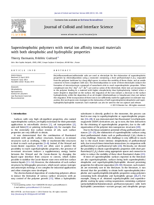 (PDF) Superoleophobic polymers with metal ion affinity toward materials ...