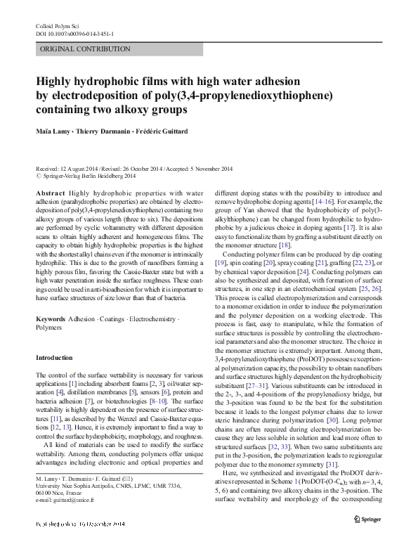 (PDF) Hydrophobic Films via Electrodeposition of PDOT