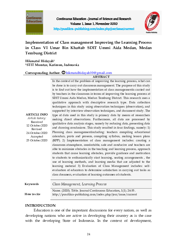 (PDF) Implementation of Class management Improving the Learning Process in Class VI Umar Bin ...