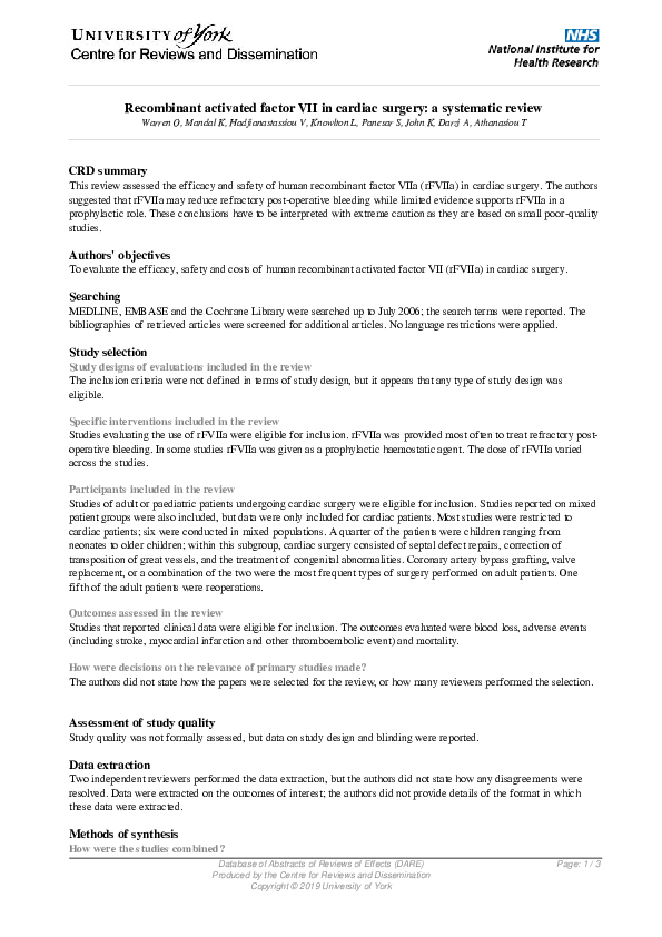 Pdf Recombinant Activated Factor Vii In Cardiac Surgery A Systematic Review