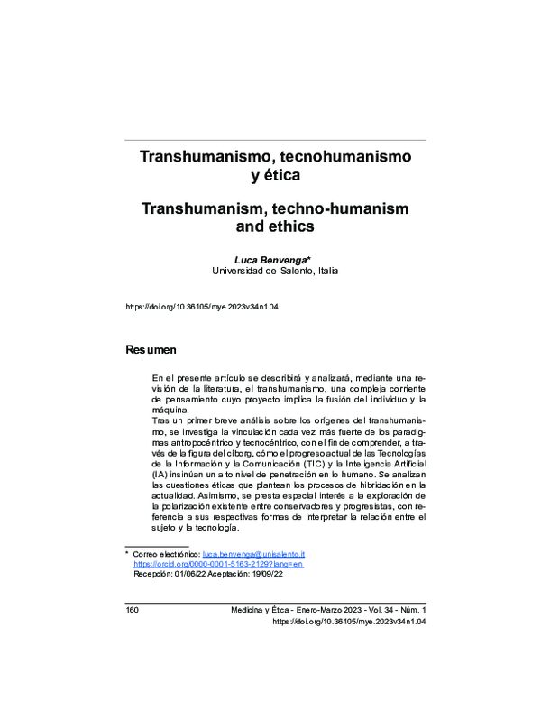 (PDF) Transhumanismo, tecnohumanismo y ética