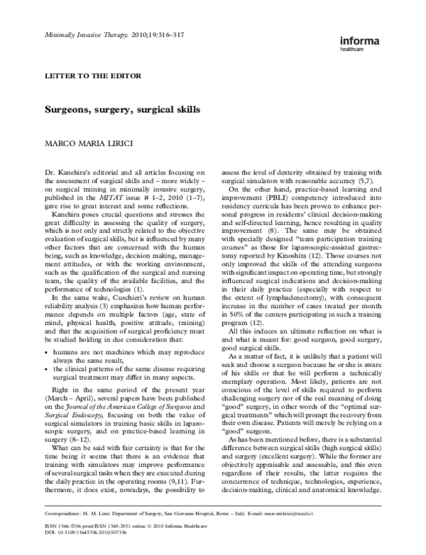 (PDF) Surgeons, surgery, surgical skills