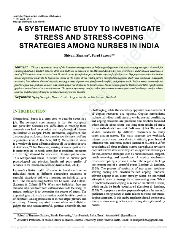 (PDF) A SYSTEMATIC STUDY TO INVESTIGATE STRESS AND STRESS-COPING ...