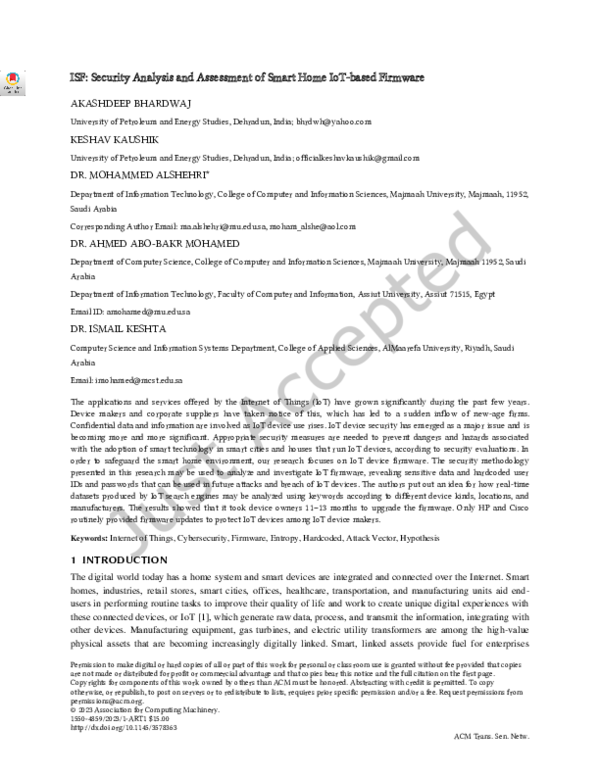 (PDF) ISF: Security Analysis and Assessment of Smart Home IoT-based Firmware
