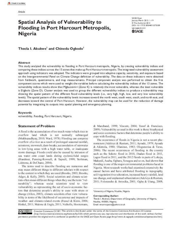 (PDF) Spatial Analysis of Vulnerability to Flooding in Port Harcourt Metropolis, Nigeria