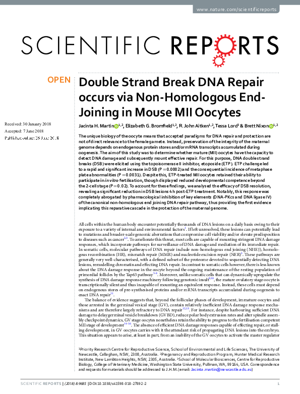 (PDF) Double Strand Break DNA Repair occurs via Non-Homologous End ...