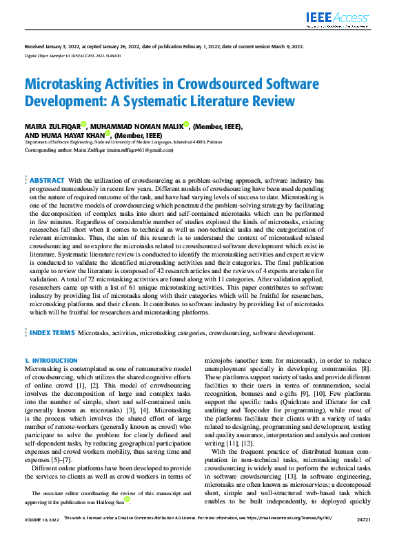 (PDF) Microtasking Activities in Crowdsourced Software Development: A Systematic Literature Review