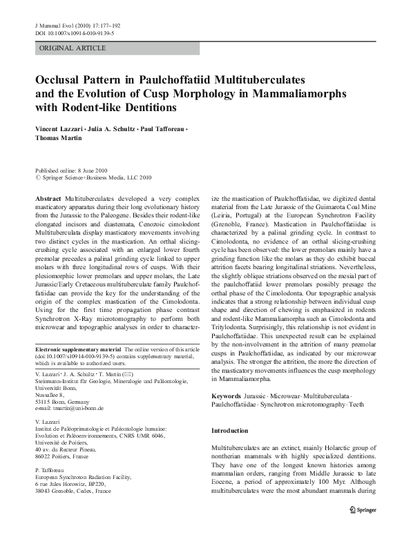 (PDF) Occlusal Pattern in Paulchoffatiid Multituberculates and the ...