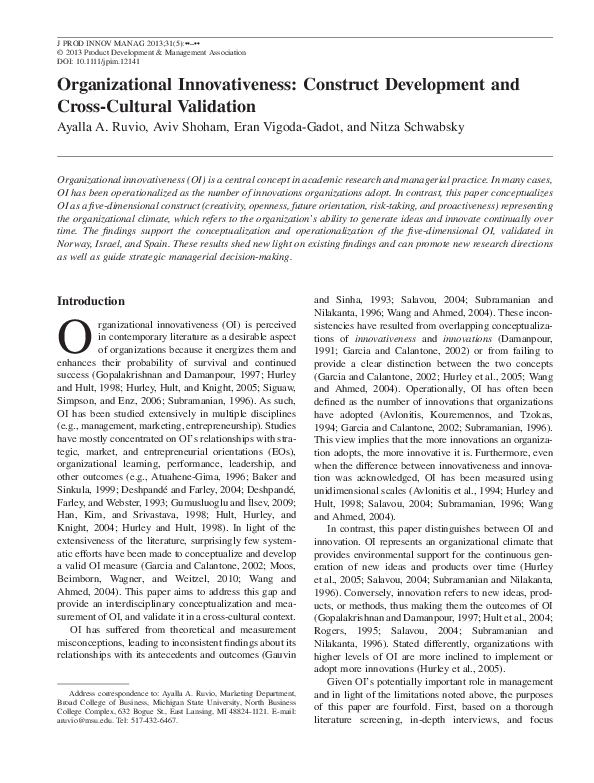 (PDF) Organizational Innovativeness: Construct Development and Cross-Cultural Validation