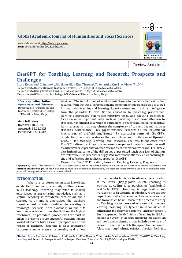 (PDF) CHATGPT FOR TEACHING, LEARNING AND RESEARCH: PROSPECTS AND CHALLENGES