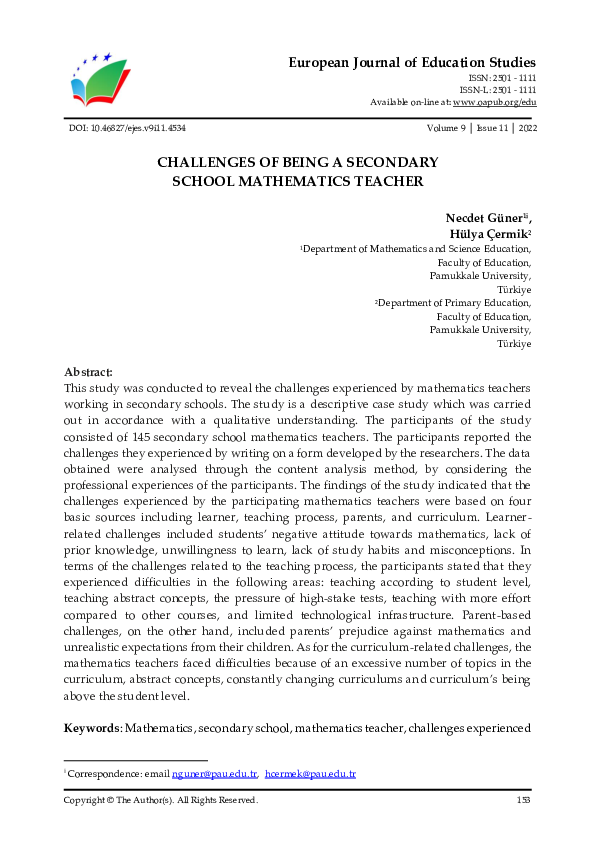 (PDF) Challenges of Being a Secondary School Mathematics Teacher ...