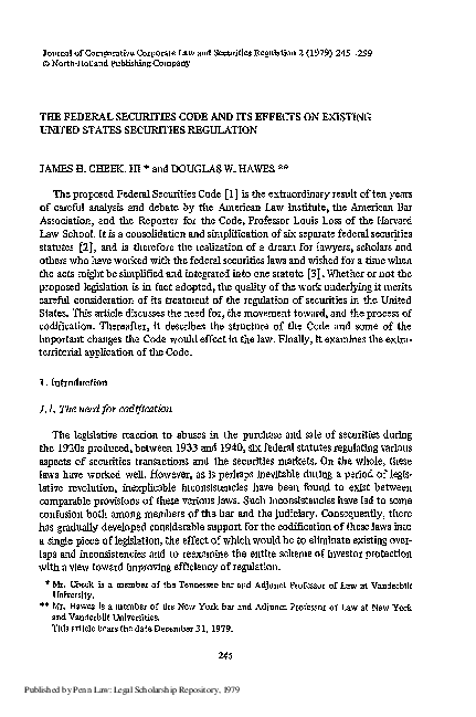 (PDF) The Federal Securities Code and its Effects on Existing United ...