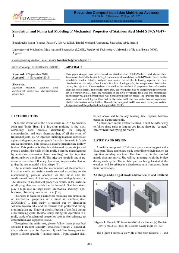 (PDF) Simulation and Numerical Modeling of Mechanical Properties of Stainless Steel Mold X39CrMo17-1