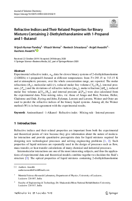 (PDF) Refractive indices and their related properties for several binary mixtures containing ...
