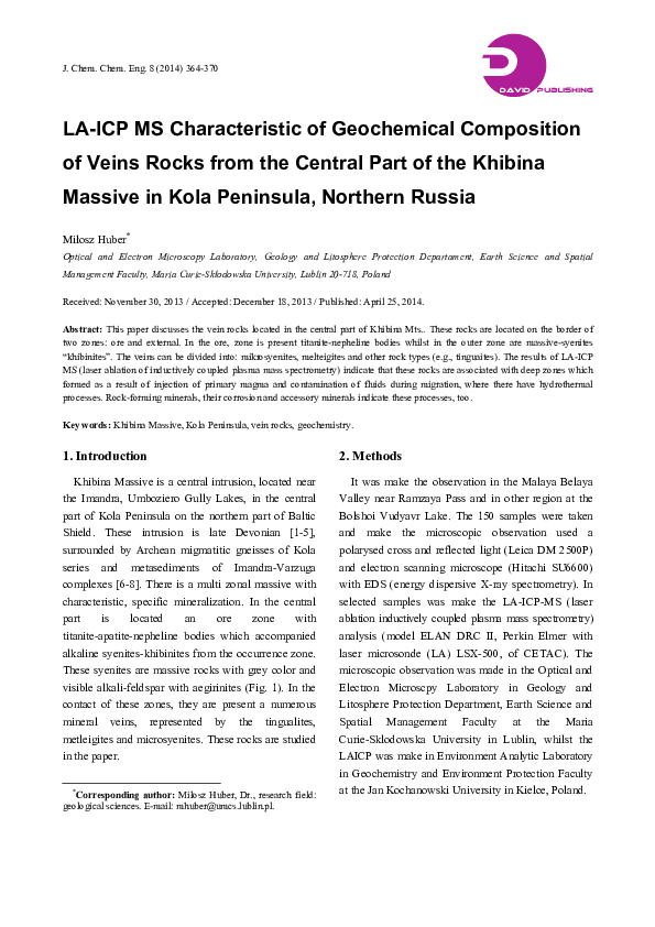 (PDF) LA-ICP MS Characteristic of Geochemical Composition of Veins Rocks from the Central Part ...