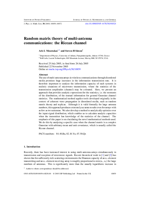 (PDF) Random matrix theory of multi-antenna communications: the Ricean channel