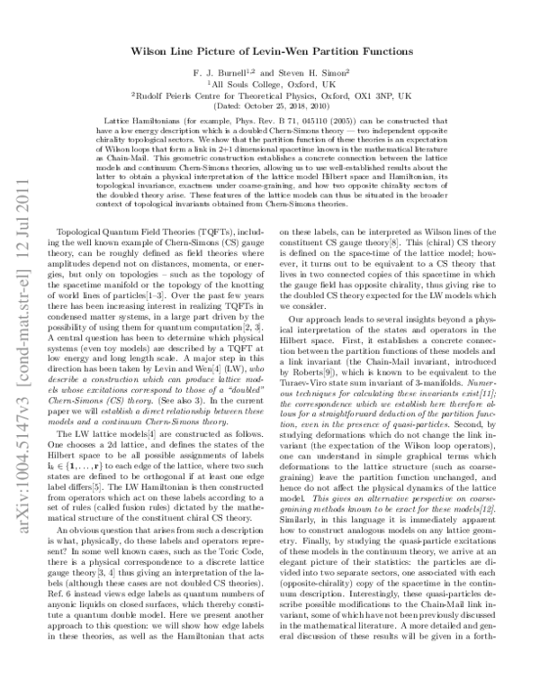 (PDF) A Wilson line picture of the Levin–Wen partition functions