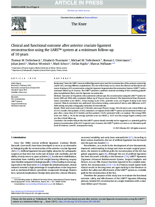 (PDF) The Knee Clinical and functional outcome after anterior cruciate ...
