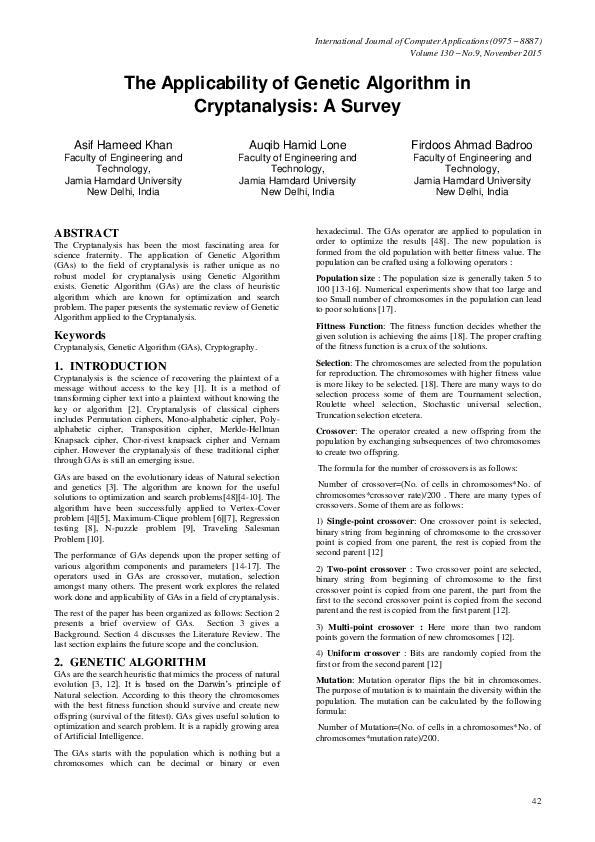 (PDF) The Applicability of Genetic Algorithm in Cryptanalysis: A Survey