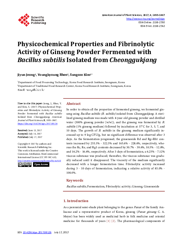 (PDF) Physicochemical Properties and Fibrinolytic Activity of Ginseng ...