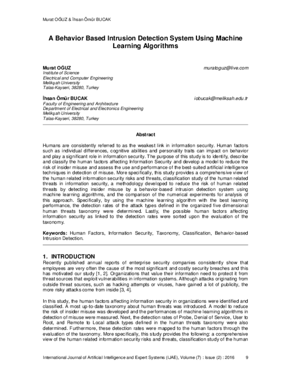 Pdf Human Factor Based Intrusion Detection Via Machine Learning