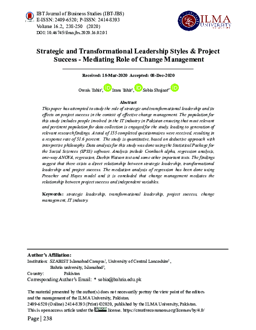 (PDF) Strategic and Transformational Leadership Styles & Project Success - Mediating Role of ...