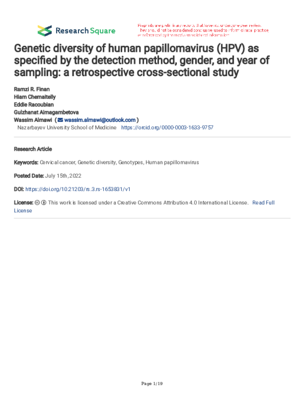 (PDF) Genetic diversity of human papillomavirus (HPV) as specified by the detection method ...