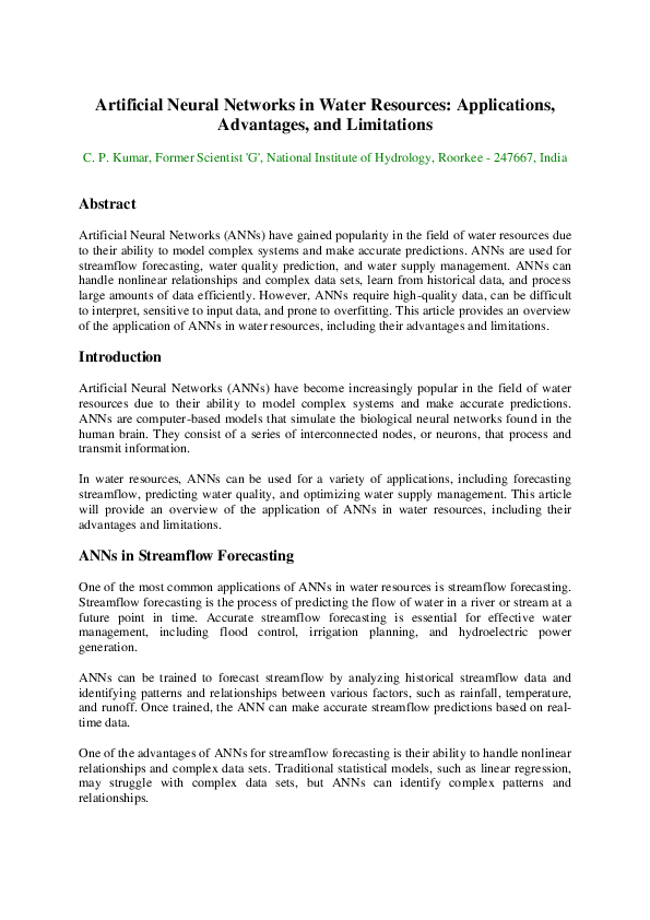 (PDF) Artificial Neural Networks in Water Resources: Applications, Advantages, and Limitations