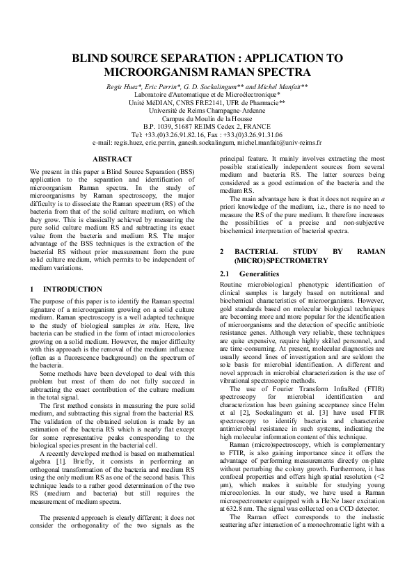 (PDF) Blind Source Separation : Application To Microorganism Raman Spectra