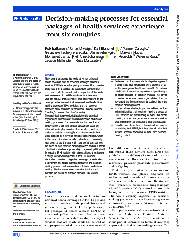 (PDF) Decision-making processes for essential packages of health services: experience from six ...