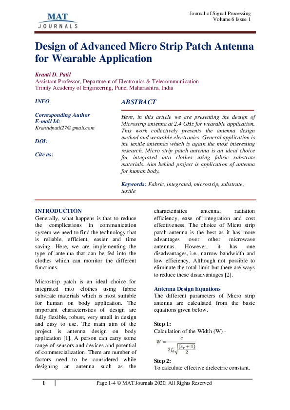(PDF) Design of Advanced Microstrip Patch Antenna for Wearable Application