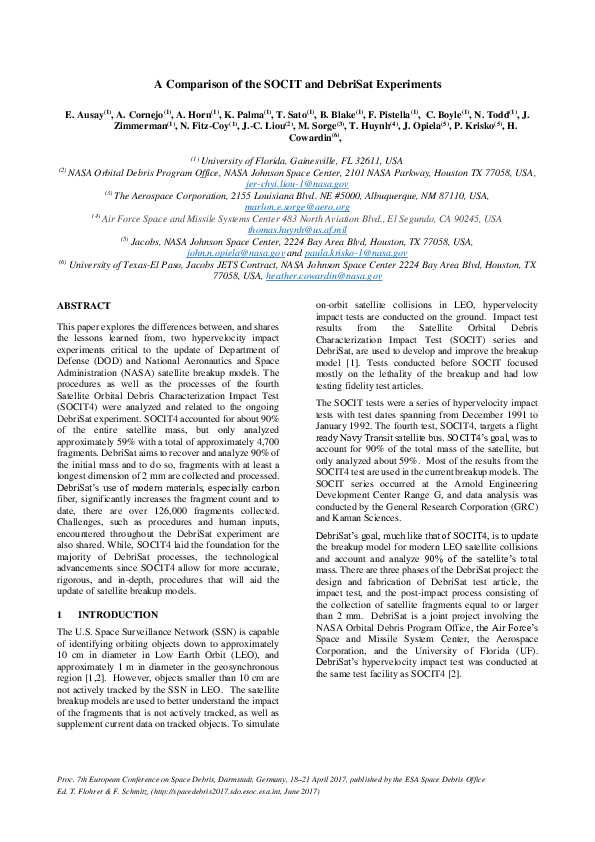 (PDF) A Comparison of the SOCIT and DebriSat Experiments