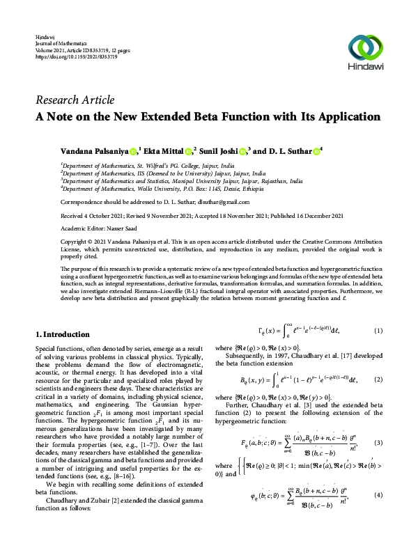 (PDF) A Note on the New Extended Beta Function with Its Application