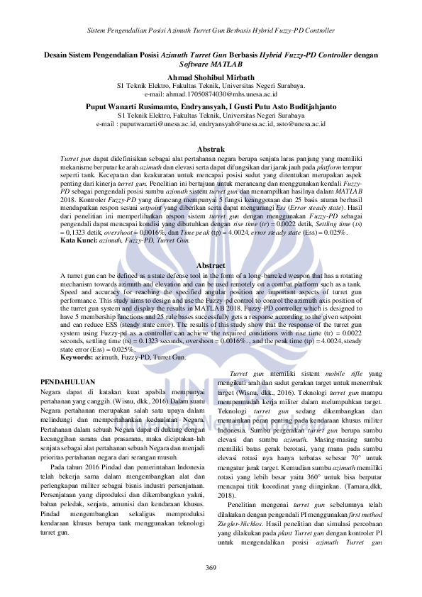 (PDF) Desain Sistem Pengendalian Posisi Azimuth Turret Gun Berbasis Hybrid Fuzzy-PD Controller ...