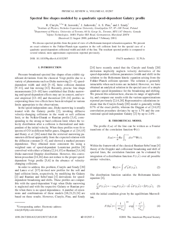 (PDF) Spectral line shapes modeled by a quadratic speed-dependent ...