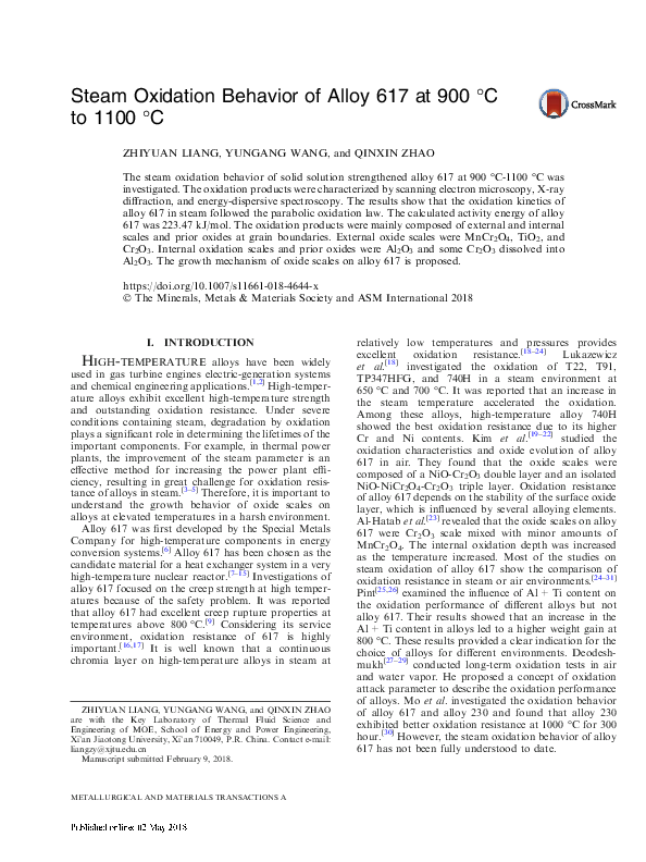 (PDF) Steam Oxidation Behavior of Alloy 617 at 900 °C to 1100 °C