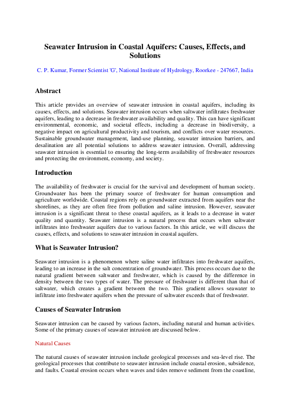 (PDF) Seawater Intrusion in Coastal Aquifers: Causes, Effects, and ...