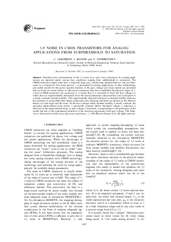 (PDF) 1/f Noise in CMOS transistors for analog applications from subthreshold to saturation
