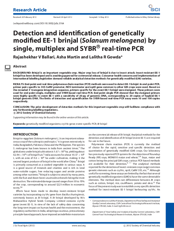 Pdf Detection And Identification Of Genetically Modified Ee 1 Brinjal Solanum Melongena By