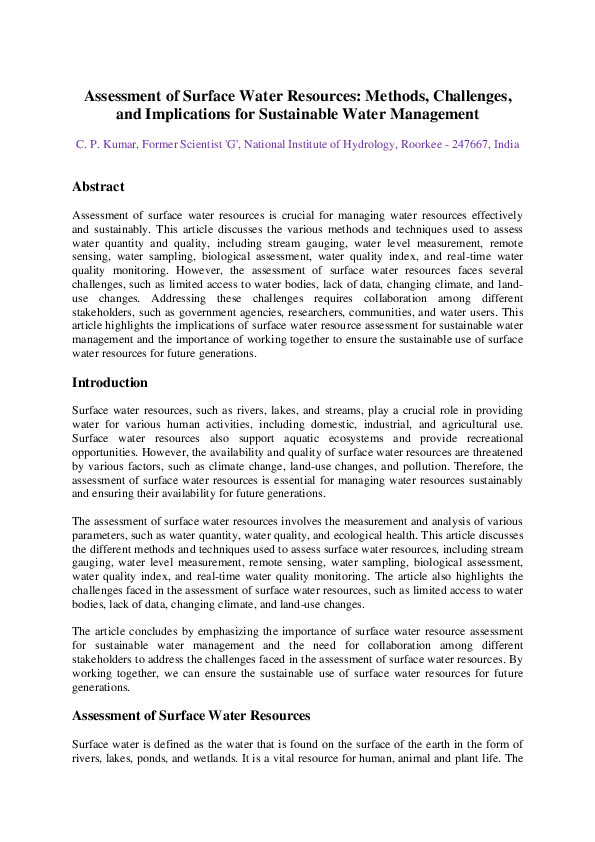 (PDF) Assessment of Surface Water Resources: Methods, Challenges, and ...