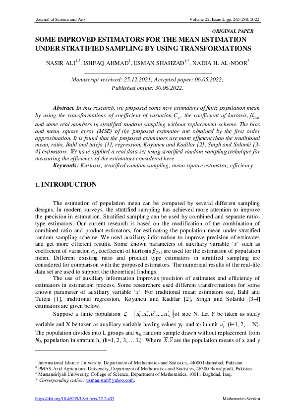 Pdf Some Improved Estimators For The Mean Estimation Under Stratified